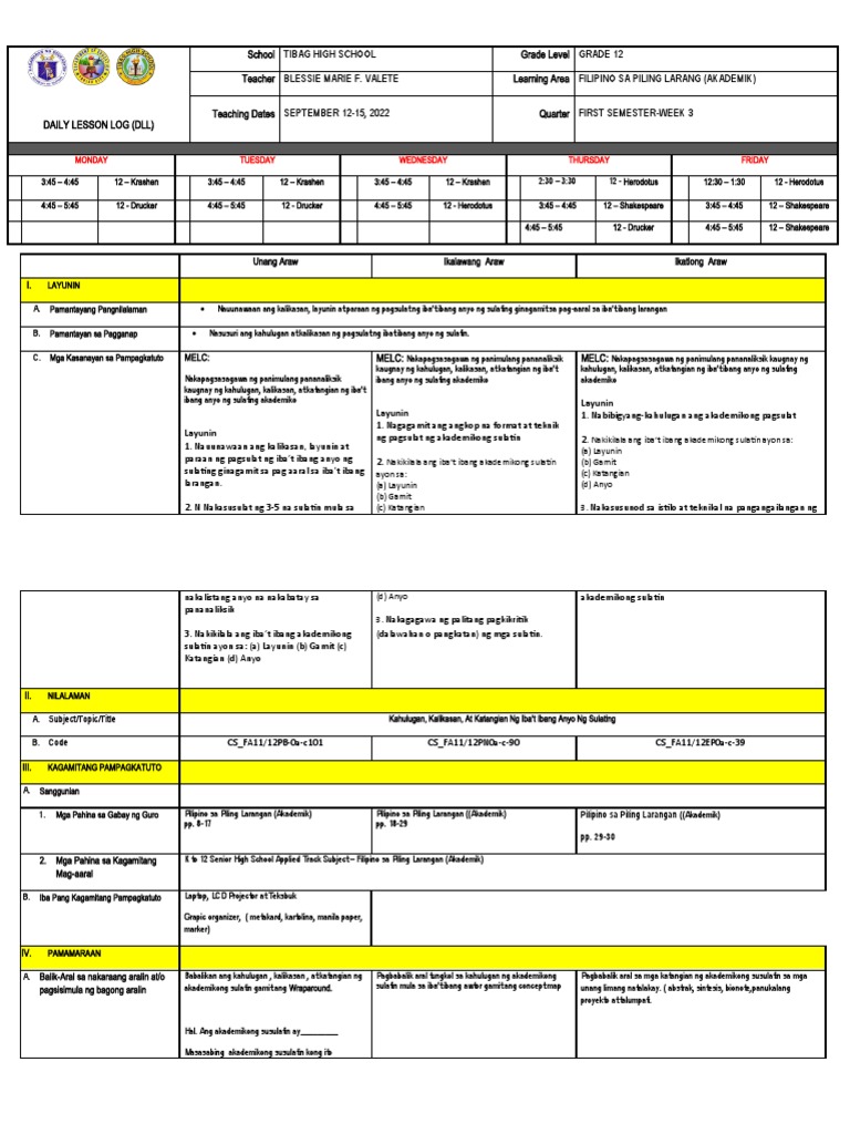 DLL WEEK 3 - Filipino Sa Piling Larang (AKAD) | PDF