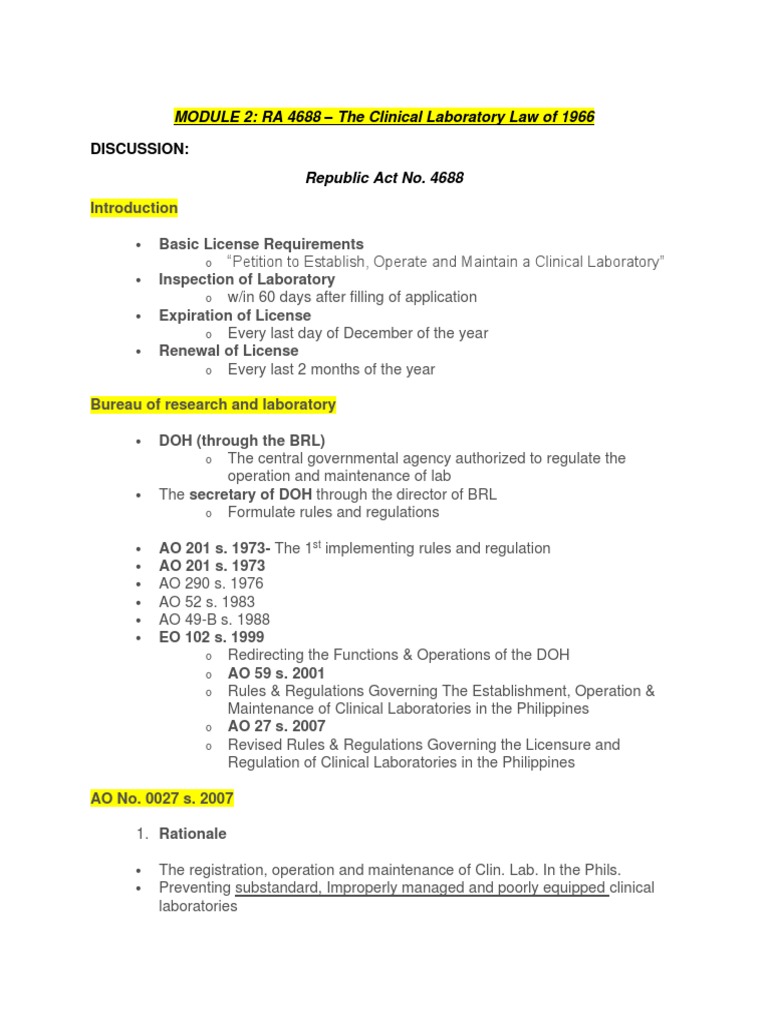 RA 4688: Clinical Laboratory Law Overview | PDF | Pathology | Laboratories