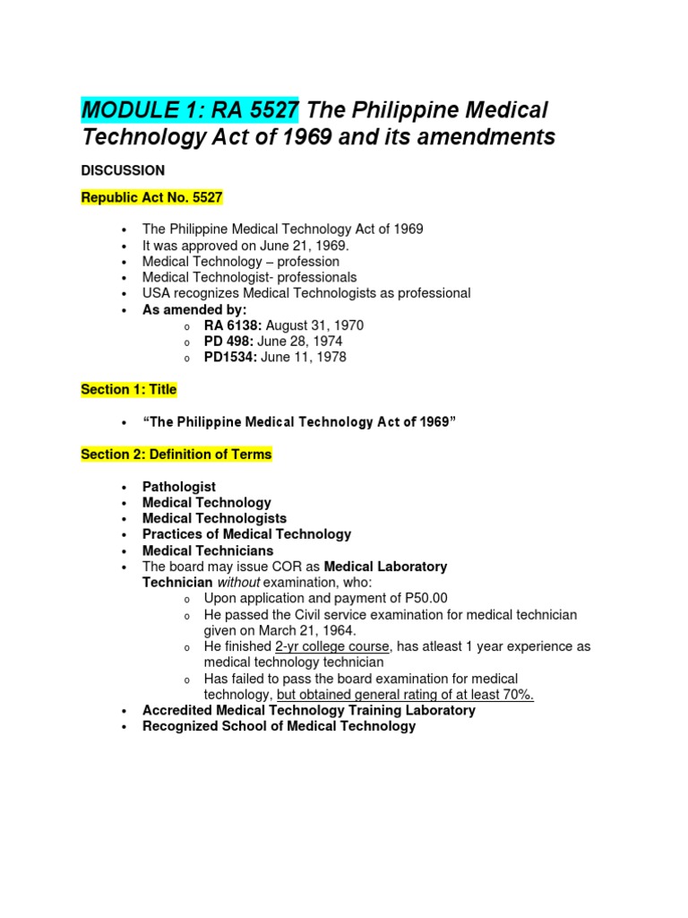 MODULE 1 RA 5527 The Philippine Medical Technology Act of 1969 and Its ...