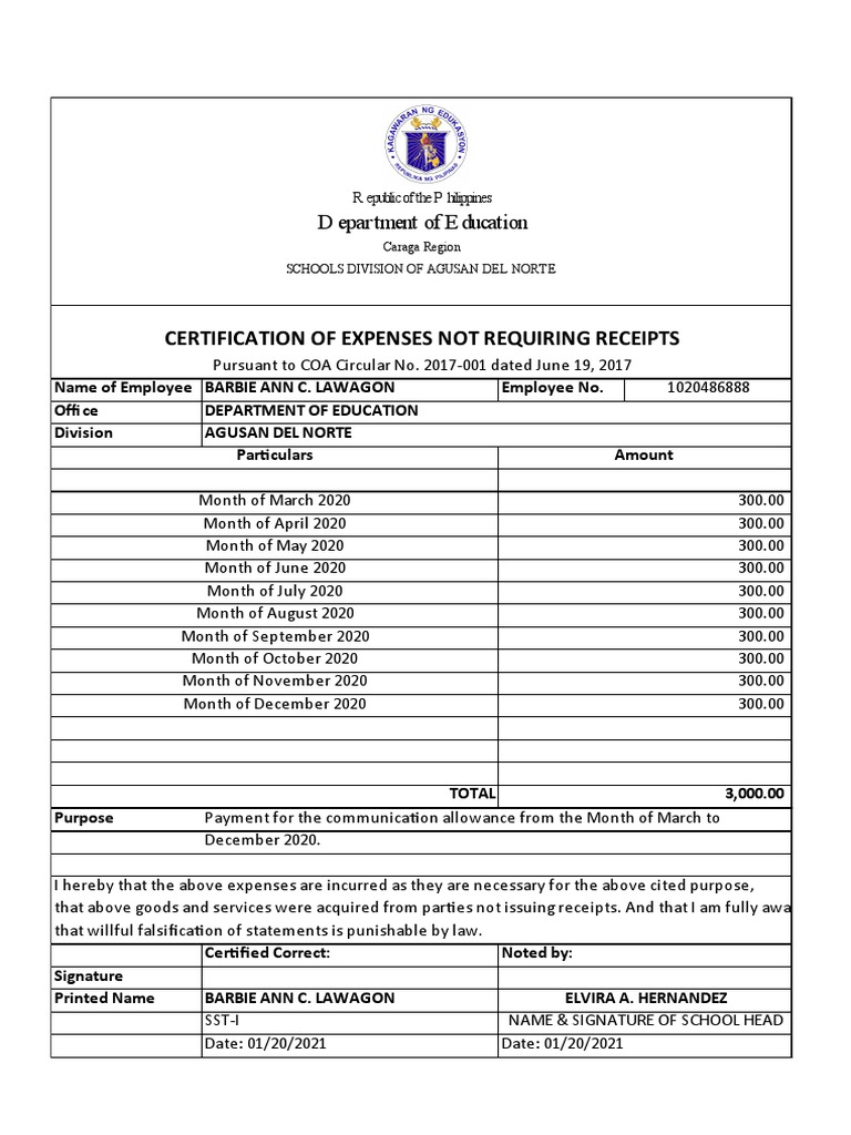Cert. of Expenses | PDF