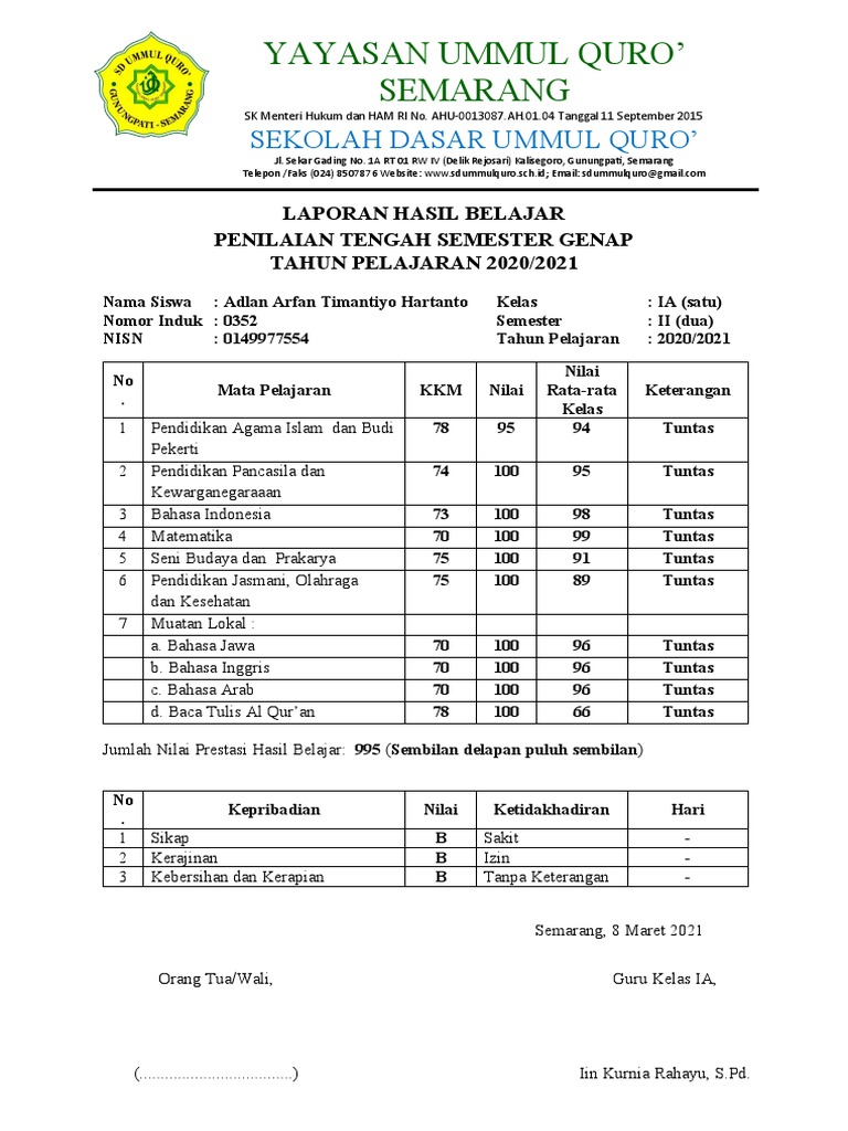 Rapot Nilai Uts I | PDF