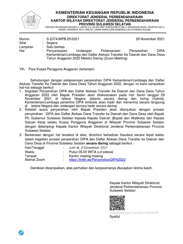 Undangan Penyerahan DIPA 2022 | PDF