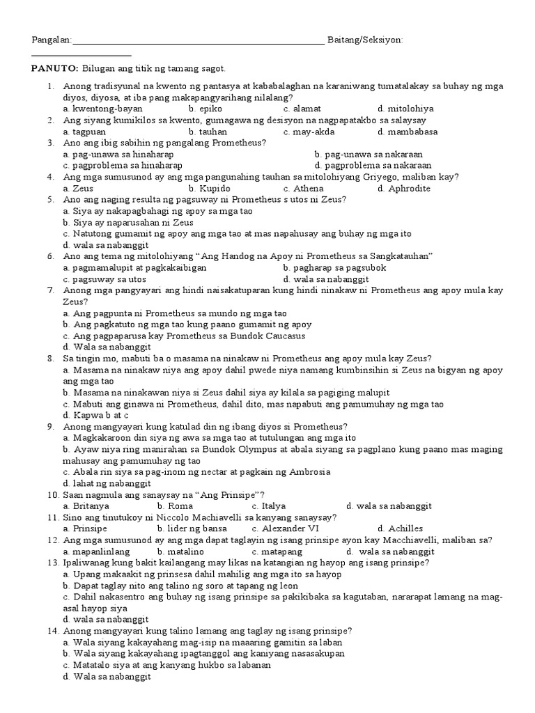 Filipino 10 Final Exam | PDF