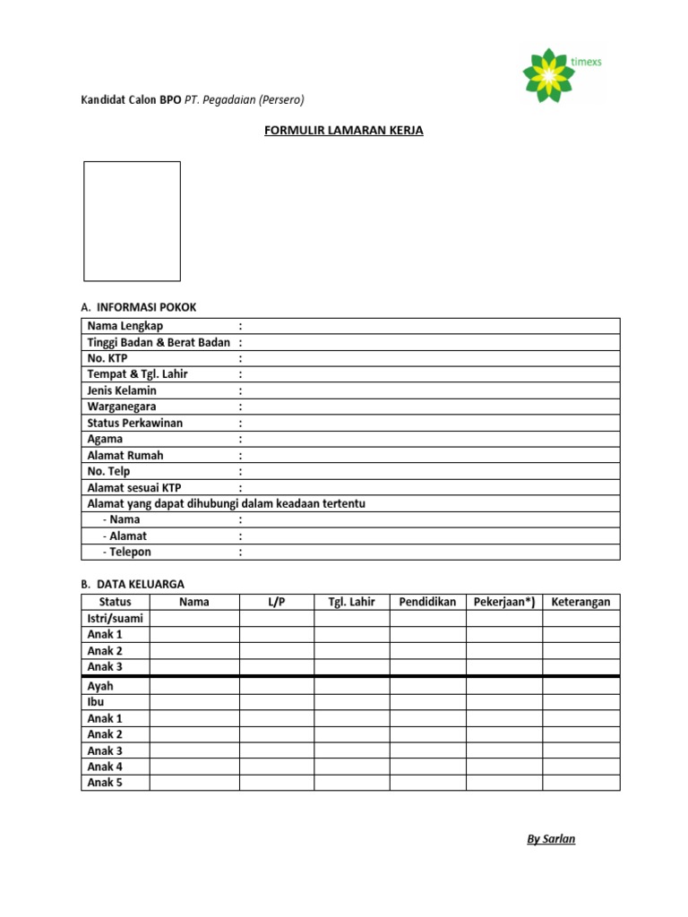 Formulir Lamaran Kerja Pt Timexs Indonesia Pdf