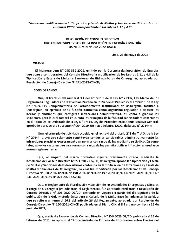 Resolución de Consejo Directivo N°092-2022-Os-Cd Tipificación y Escala de Multas y Sanciones de ...