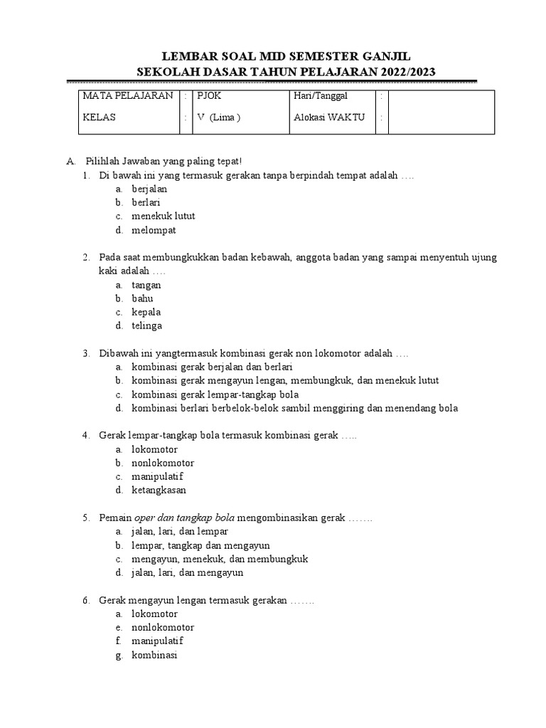 LEMBAR SOAL MIDSEMESTER GANJIL Kelas 5 | PDF