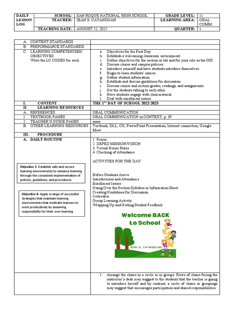 1st Day of School LP | PDF | Learning | Teachers