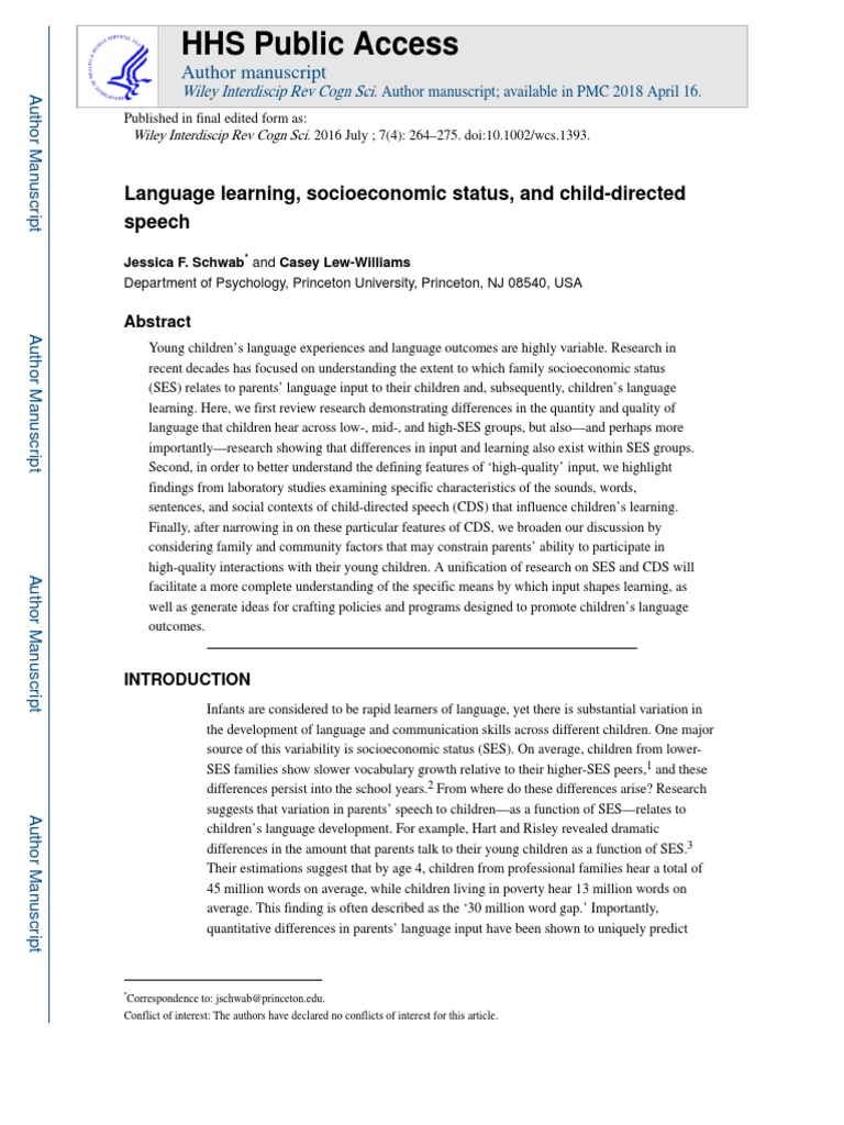 Schwab and Lew-Williams (2016) - Language Learning, Socioeconomic Status, and Child-Directed ...