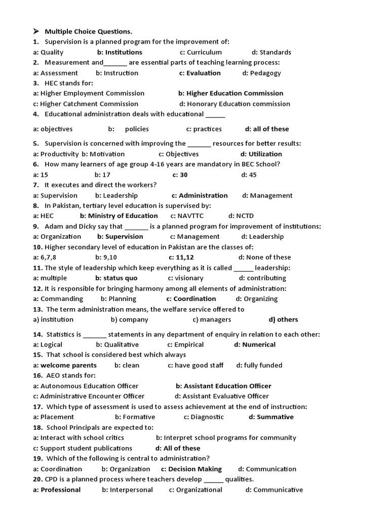 Imp Questions of School Administration & Supervision | PDF ...