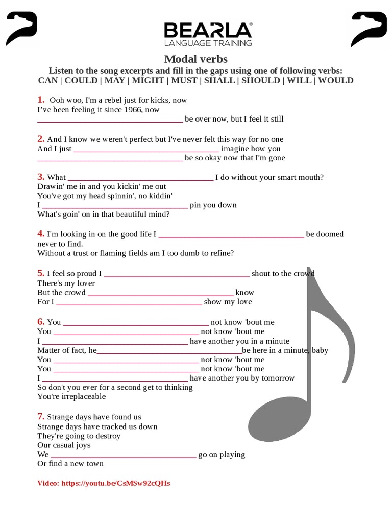 Modal Verbs in Songs Worksheet and Video Activities With Music Songs ...