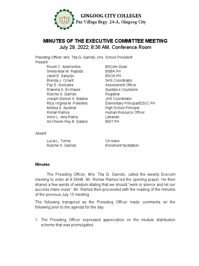 Minutes Execom 2022 Jul29 Pdf Teachers