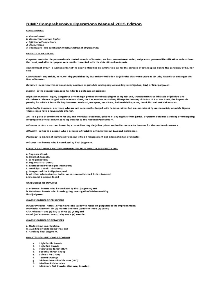BJMP Comprehensive Operations Manual 2015 Edition | PDF | Prison ...