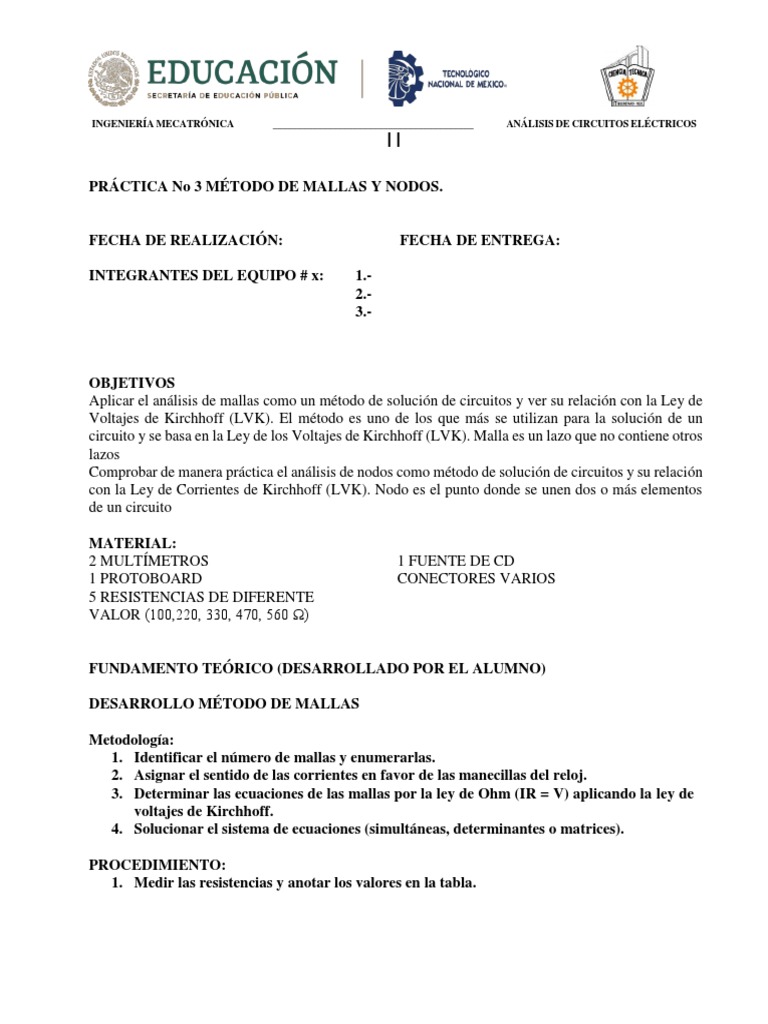 Pract - 3 Mallas y Nodos | PDF | Resistencia Eléctrica y Conductancia | Análisis de red ...