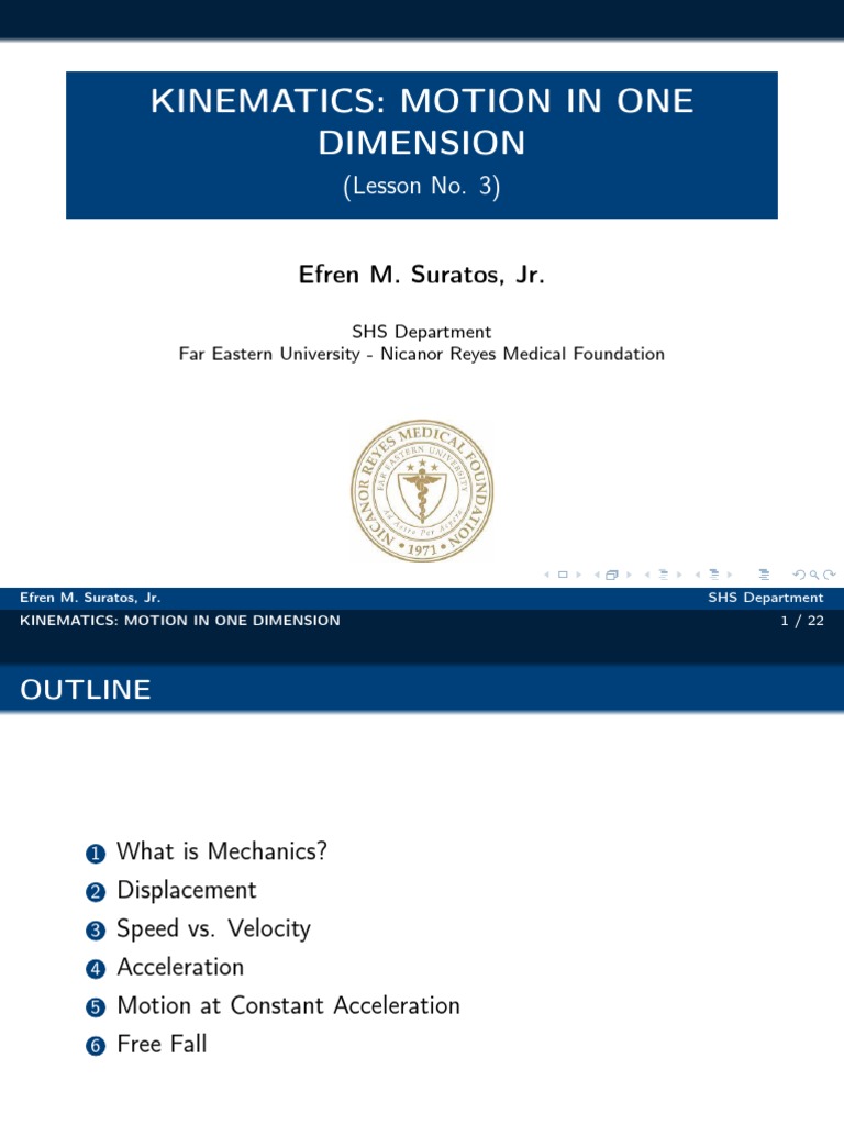 Physics 1 Lesson 3 - Kinematics (Motion in One Dimension) | PDF | Velocity | Speed