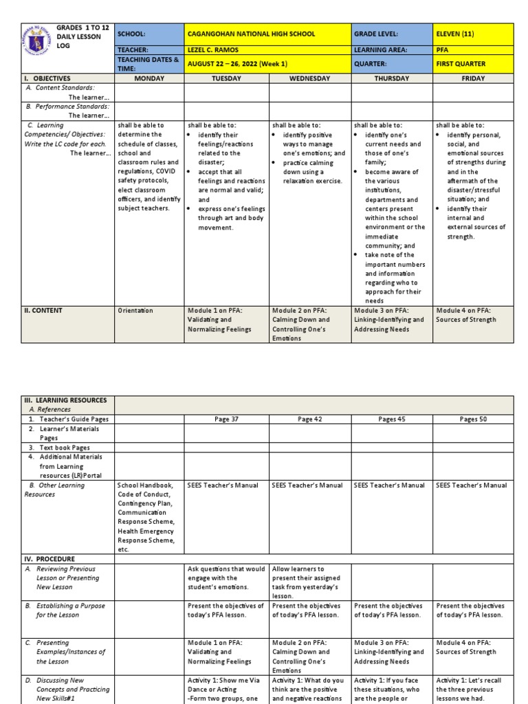 Week 1 Aug 22 26 Pfa DLL | PDF