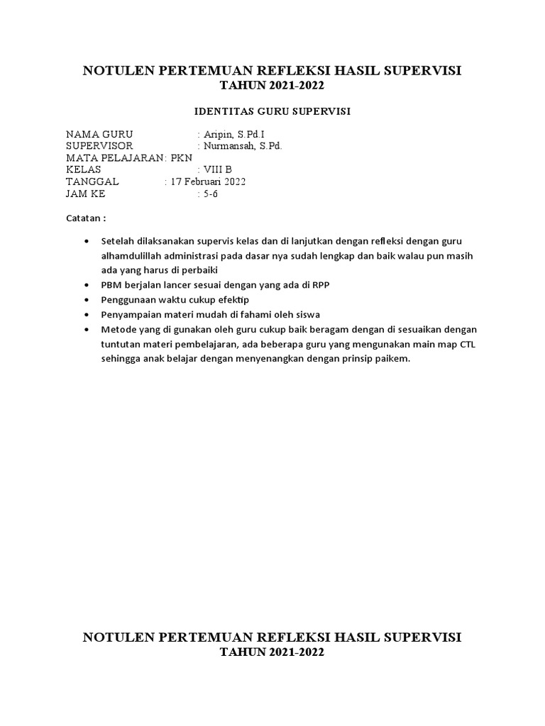 Notulen Pertemuan Refleksi Hasil Supervisi 2021-2022 | PDF