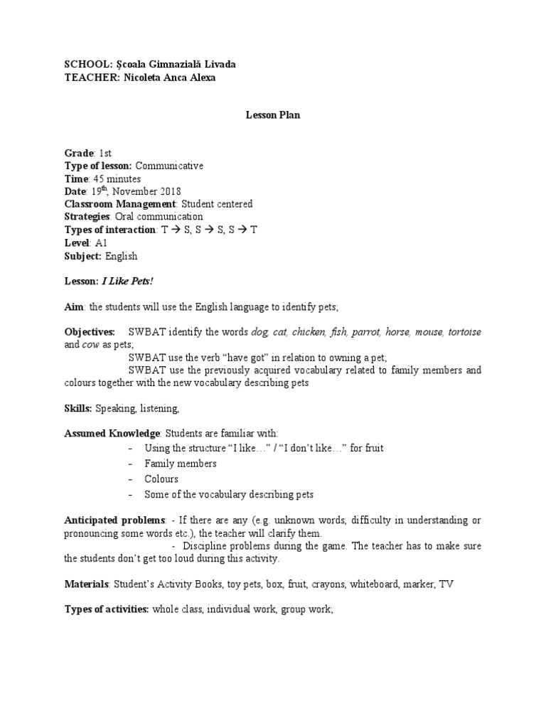 Pets Lesson Plan Clasa 0 | PDF | Lesson Plan | Vocabulary