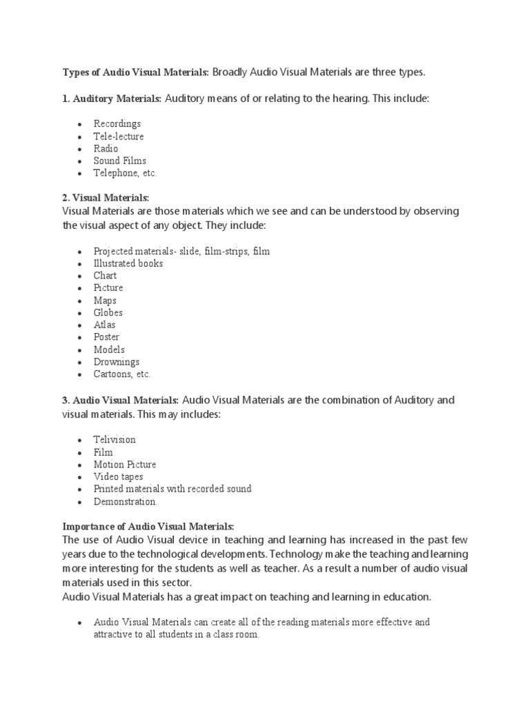 Types of Audio Visual Materials | PDF | Teaching Method | Learning