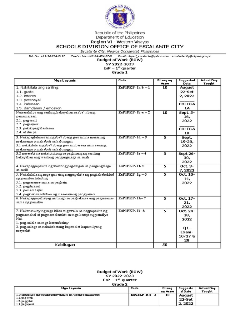 BOW EsP Grade 1 10 | PDF