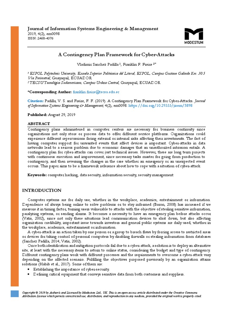 Contingency Plan Framework For Cyber Attacks | PDF | Computer Security | Security