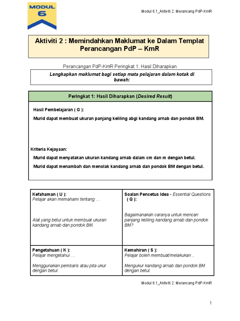 MATEMATIK Aktiviti 2 Templat Perancangan PdP-PBL1M3 | PDF
