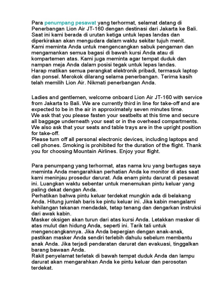Teks Pengumuman Pramugari Lion Air | PDF | Bisnis