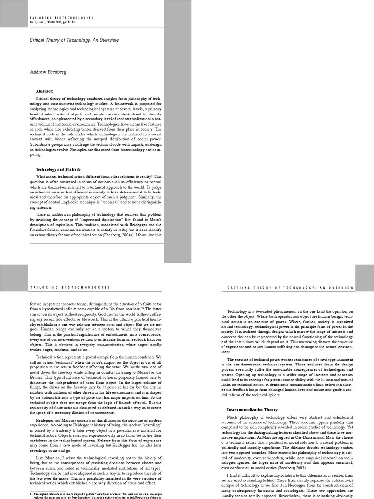 Critical Theory of Technology: An Overview: Andrew Feenberg | PDF