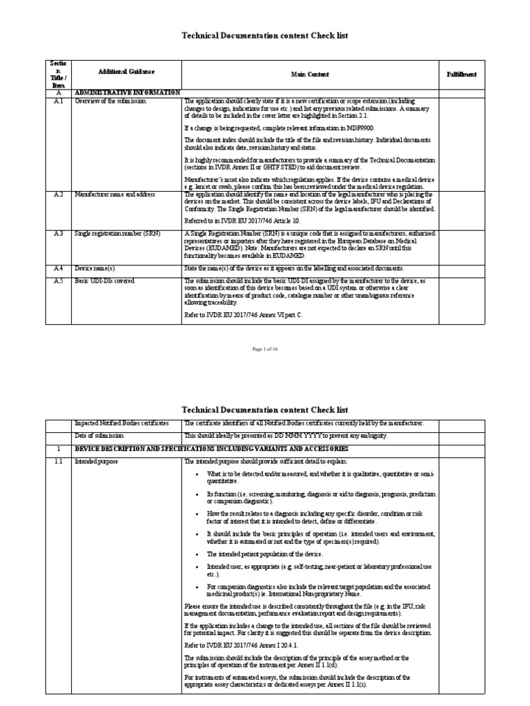 Technical Documentation Content Check List IVDR | PDF Technical Documentation Content Check List IVDR | PDF