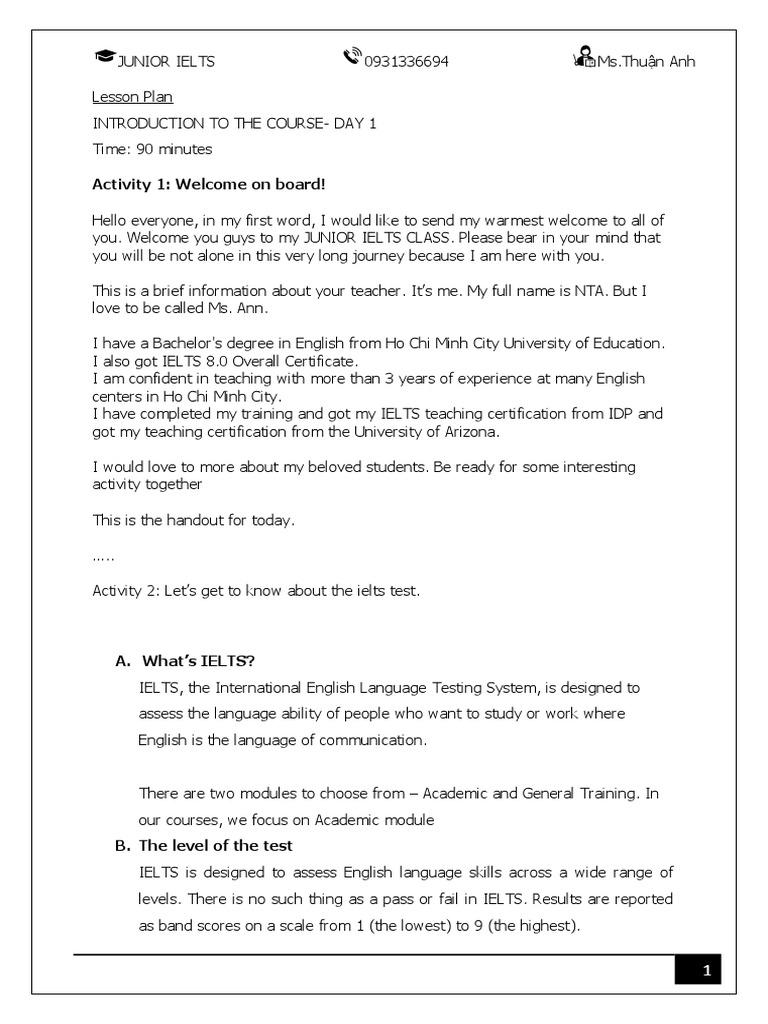 Lesson Plan Day 1 - Junior IELTS | PDF