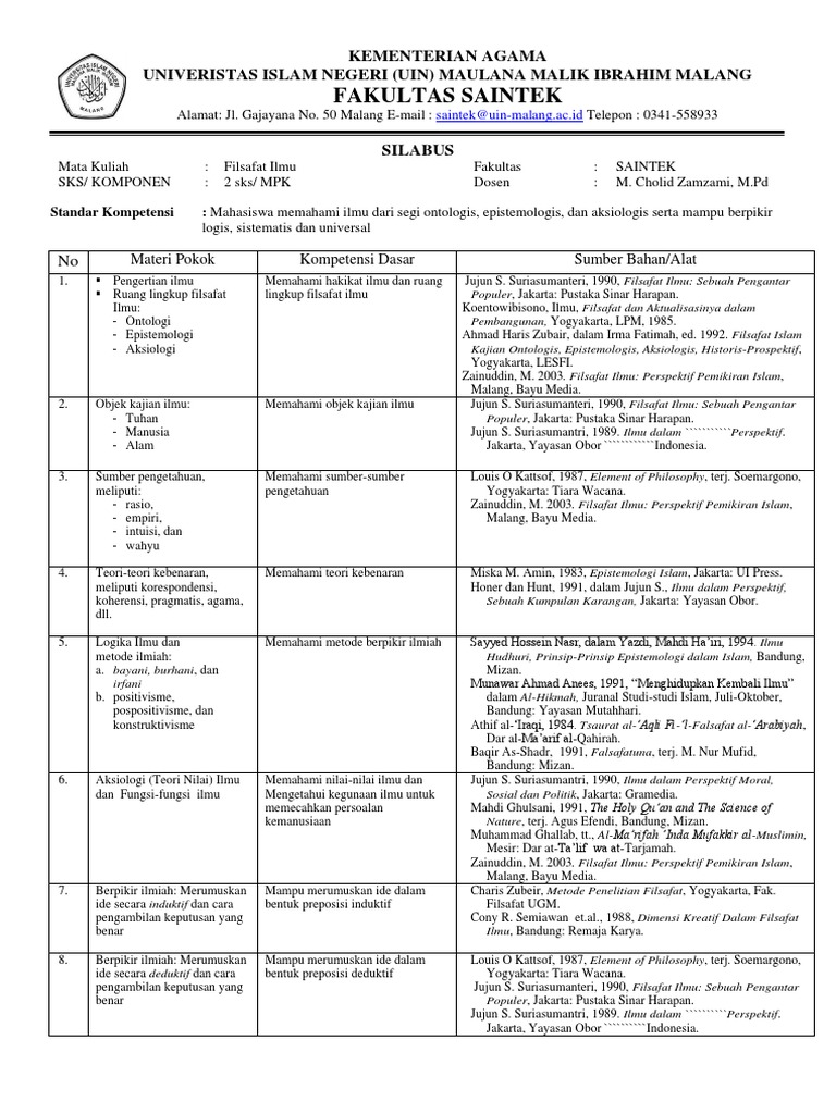 Silabus Filsafat Ilmu Fix Mata Kuliah | PDF
