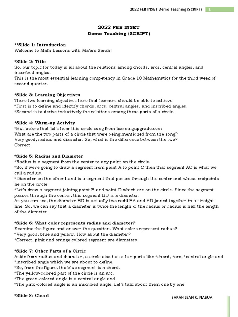 2022 FEB INSET Demo Teaching.G10-Q2-M3-script | PDF | Circle | Triangle