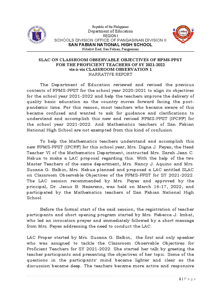 Narrative Report - SLAC On Classroom Observable Objectives of RPMS-PPST of SY 2021-2022 ...