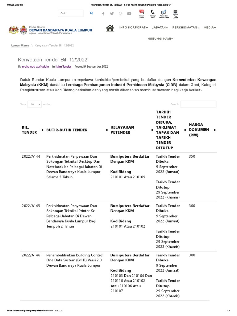 Kenyataan Tender Bil. 12 - 2022 - Portal Rasmi Dewan Bandaraya Kuala ...