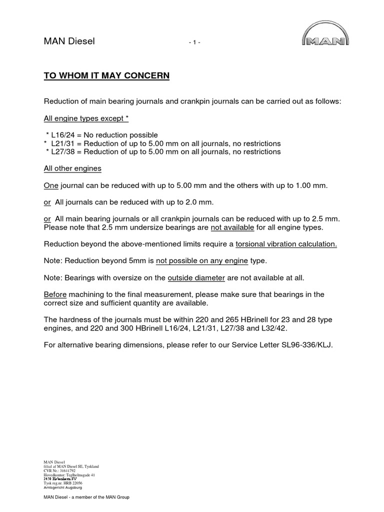 To Whom It May Concern Reduction of Main Bearing Journals | Download ...