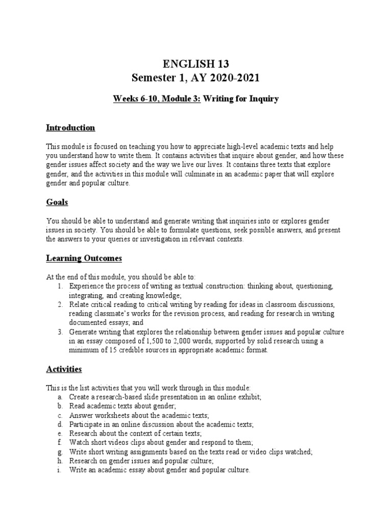 Eng 13 Module 3 (F) | PDF | Essays | Gender