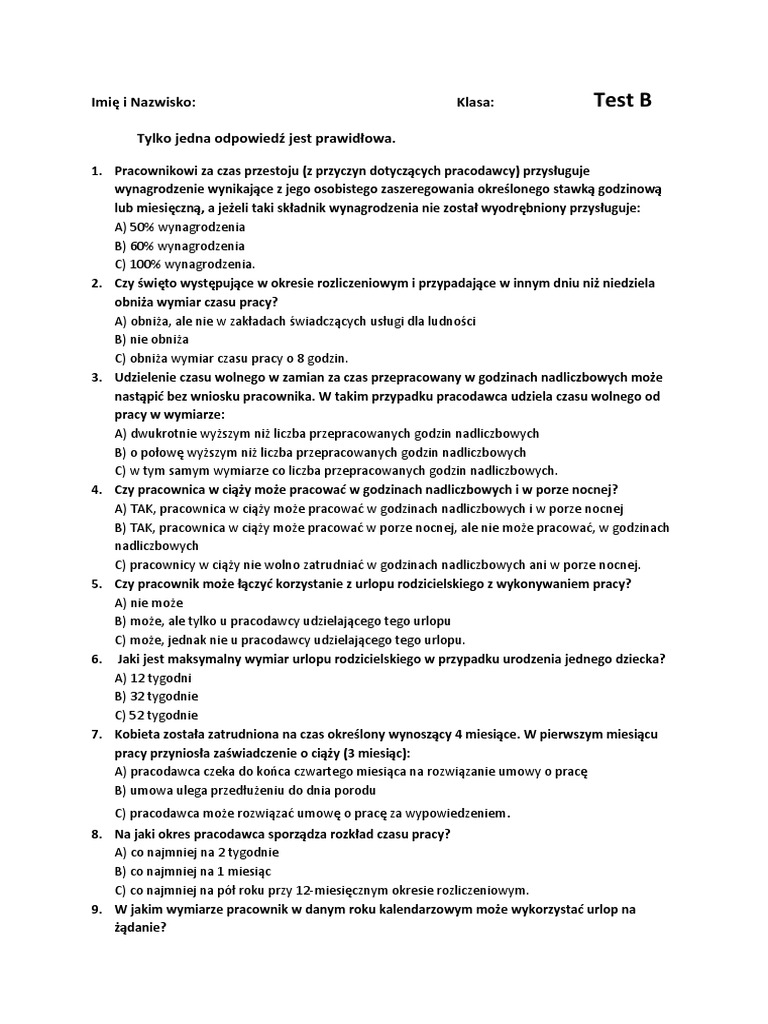 Kadry I Płace Test 2a | PDF