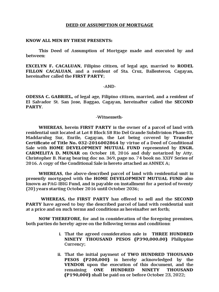 Deed of Assumption of Mortgage | PDF