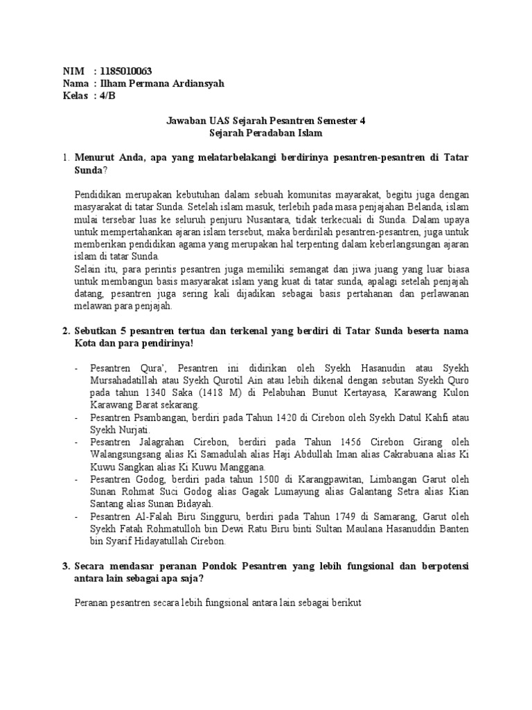 UAS Sejarah Pesantren Ilham Permana Ardiansyah | PDF | Agama & Spiritualitas