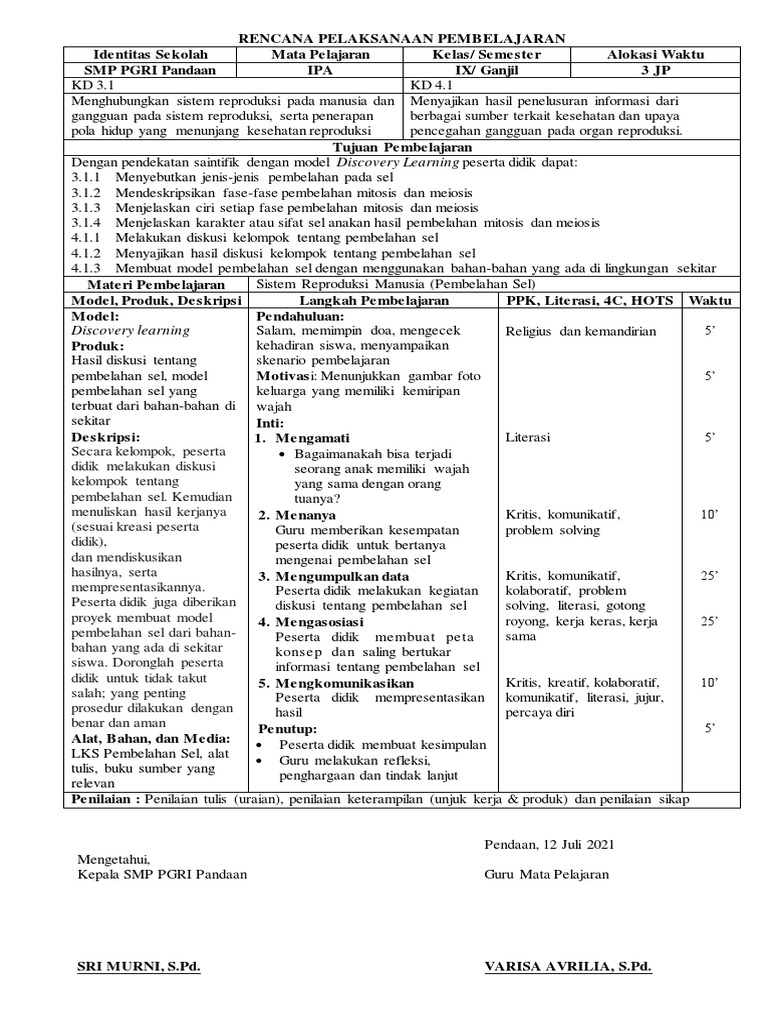 RPP Ipa Kelas 9 Sistem Reproduksi Manusia | PDF