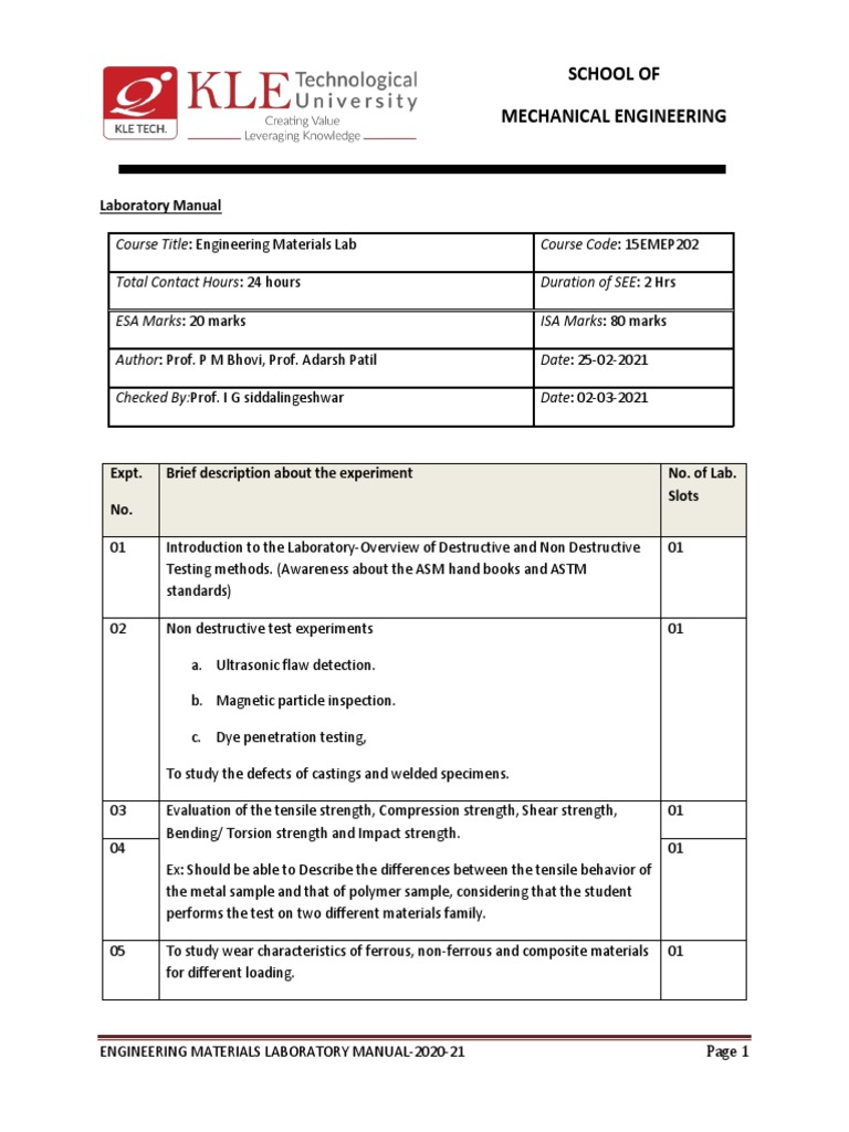 Engineering Materials Lab Manual 2020-21 | PDF | Bending ...