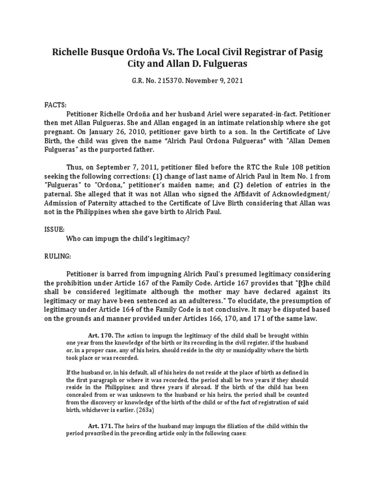 15. Ordoña v. Local Civil Registrar of Pasig | PDF | Legitimacy (Family ...