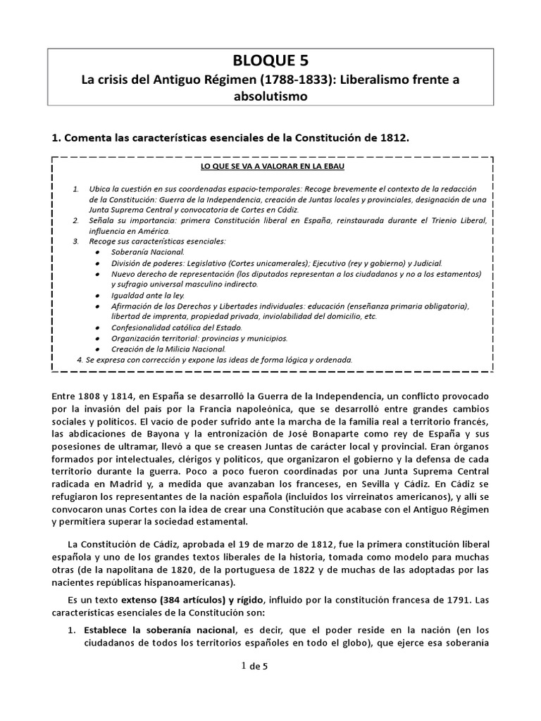 Bloque 5 Historia De España Pdf Constitución Imperio Español