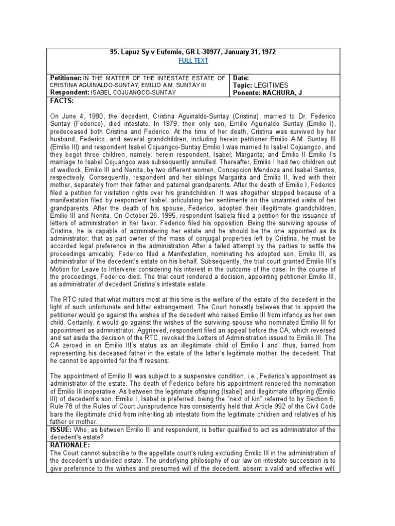 Intestate Estate of Cristina Aguinaldo-Suntay | PDF | Intestacy ...