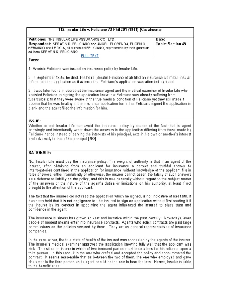 Insular Life v. Feliciano Case Summary | PDF | Legal Liability | Insurance