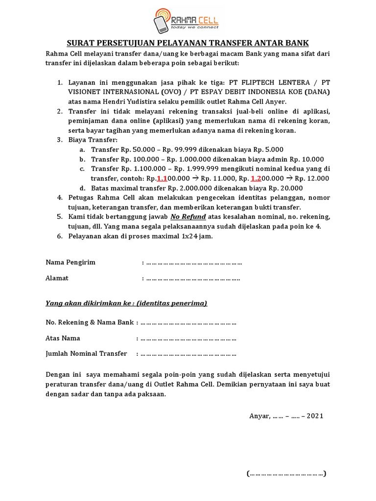 Informed Consent Pelayanan Transfer Antar Bank | PDF
