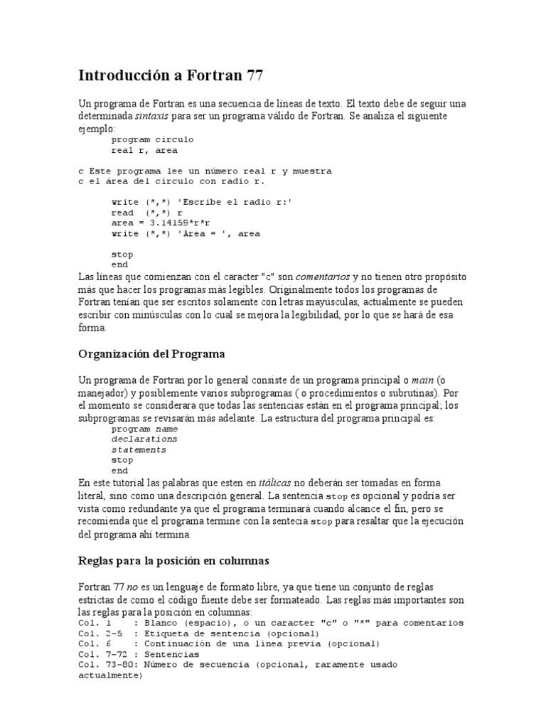 Introducción A Fortran 77 | PDF | Estructura de datos de matriz | Compilador