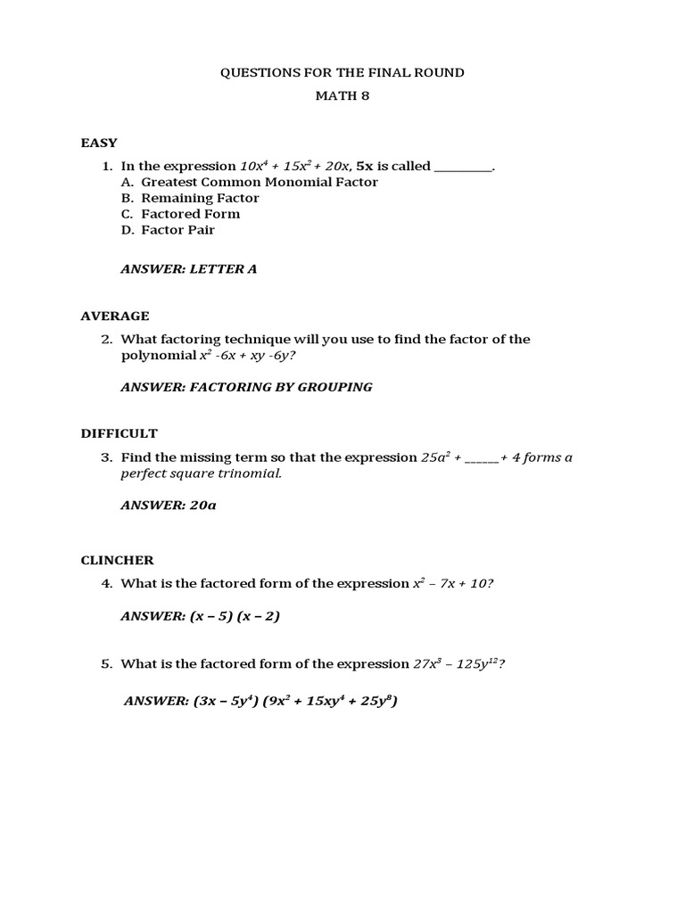 Math 8 - Questionnaire - Quiz Bee | PDF