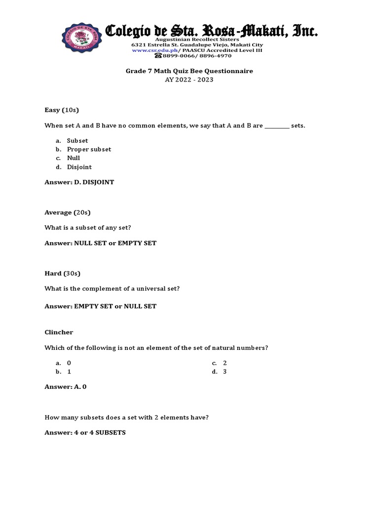 Grade 7 Math Quiz Bee Questionnaire | PDF Grade 7 Math Quiz Bee Questionnaire | PDF