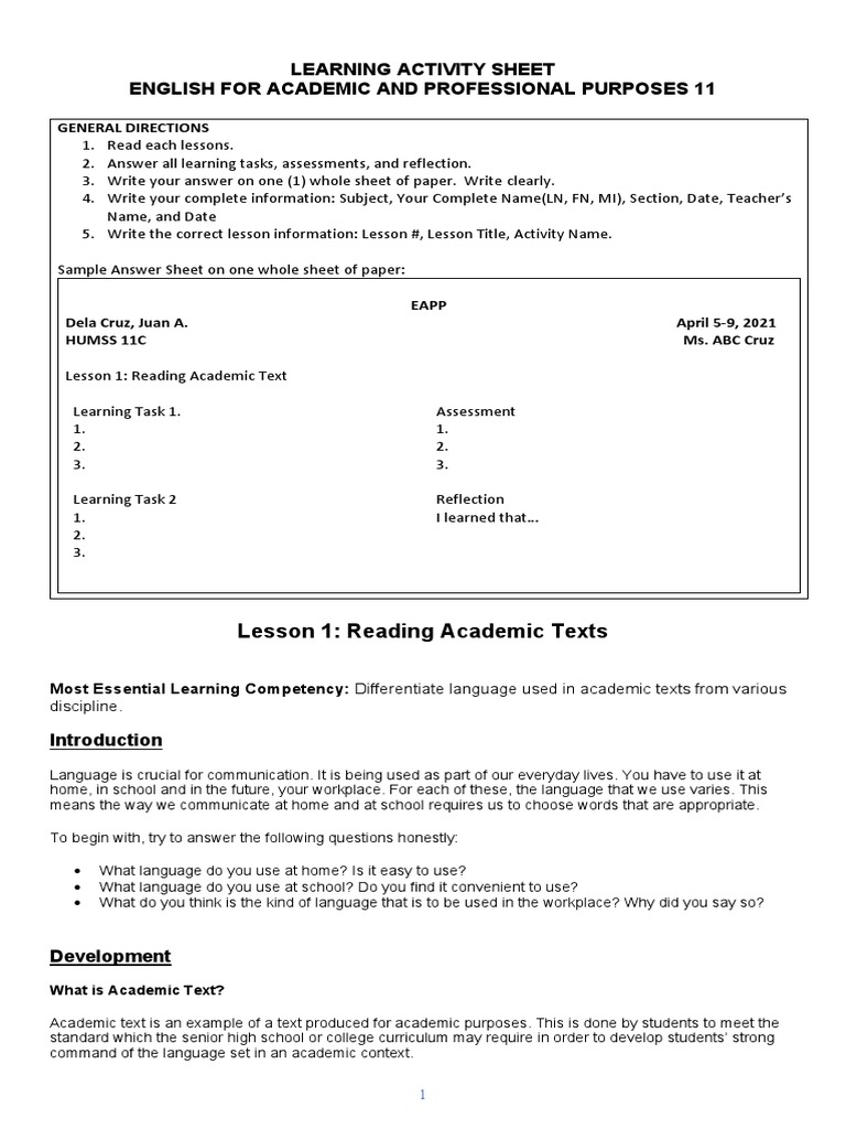 EAPP LAS W Gen. Directions | PDF | Language Arts & Discipline