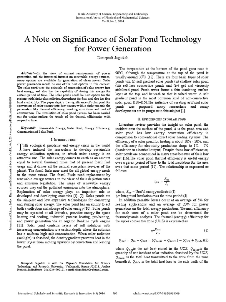 A Note On Significance of Solar Pond Technology For Power Generation ...